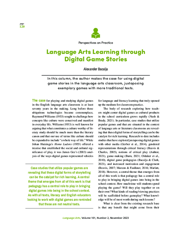 (PDF) Language Arts learning through digital game stories