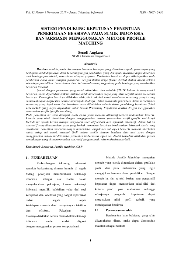 (PDF) Sistem Pendukung Keputusan Penentuan Penerimaan Beasiswa Pada Stmik Indonesia Banjarmasin ...