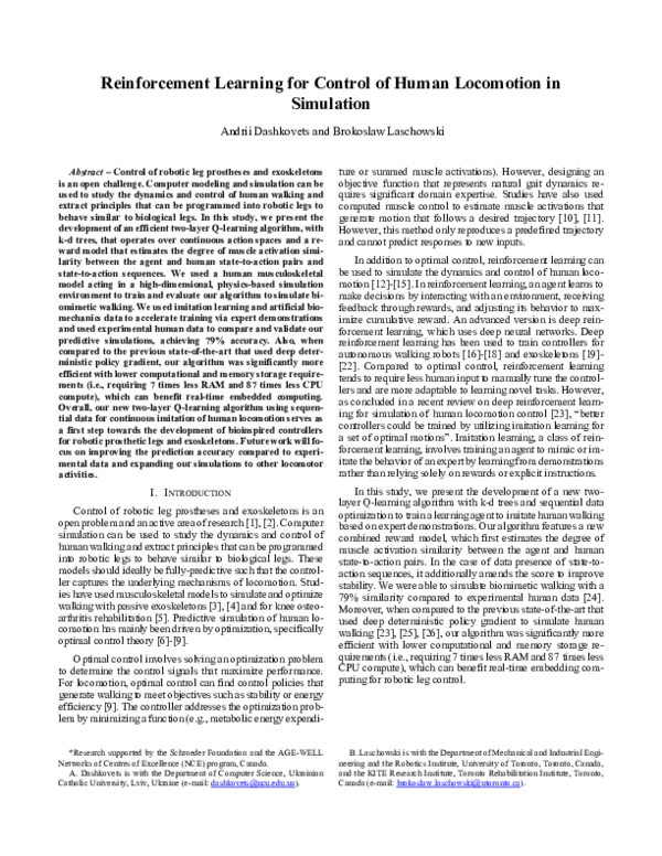 Pdf Reinforcement Learning For Control Of Human Locomotion In Simulation