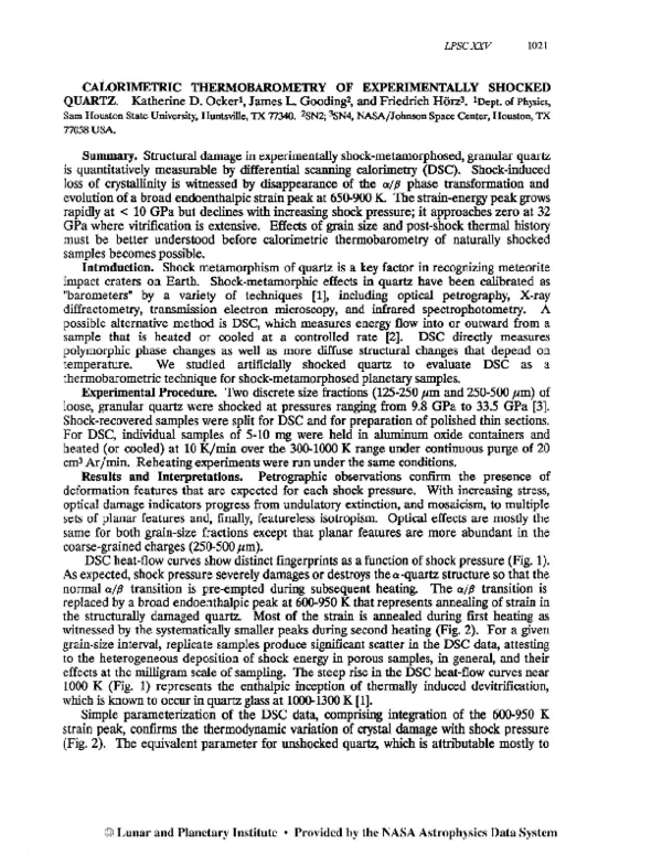 (PDF) Calorimetric Thermobarometry of Experimentally Shocked Quartz