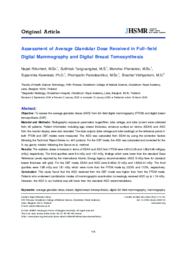 (PDF) Assessment of Average Glandular Dose Received in Full-field Digital Mammography and ...