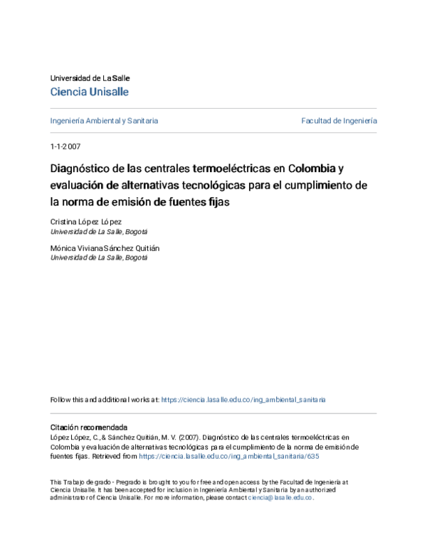(PDF) Diagnóstico de las centrales termoeléctricas en Colombia y evaluación de alternativas ...