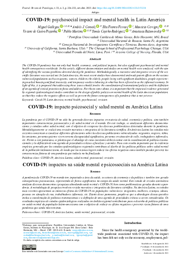 (PDF) COVID-19: Psychosocial impact and mental health in Latin America