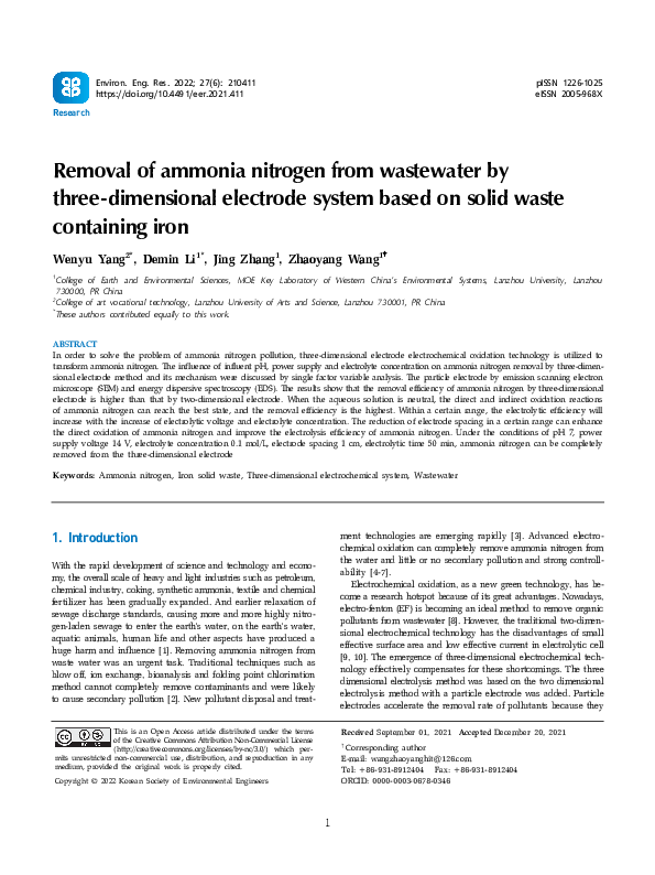 (PDF) Removal of ammonia nitrogen from wastewater by three-dimensional electrode system based on ...