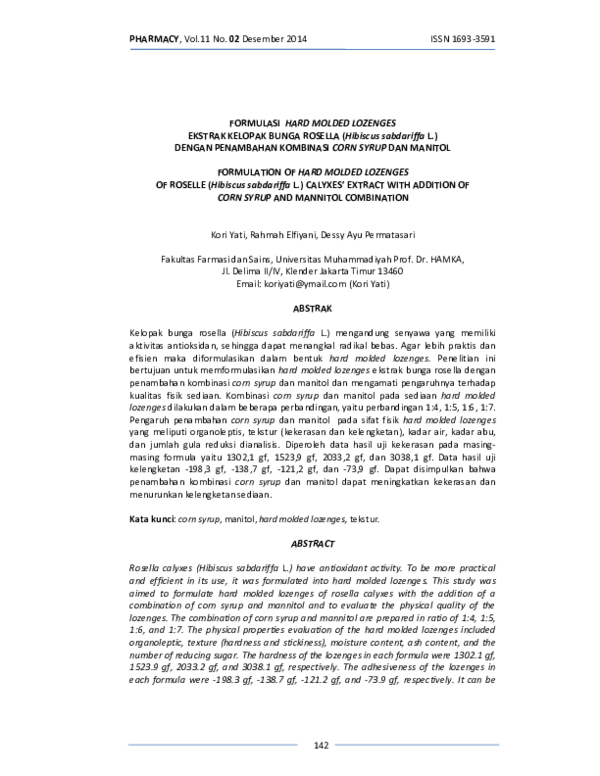 (PDF) Formulasi Hard Molded Lozenges Ekstrak Kelopak Bunga Rosella ...