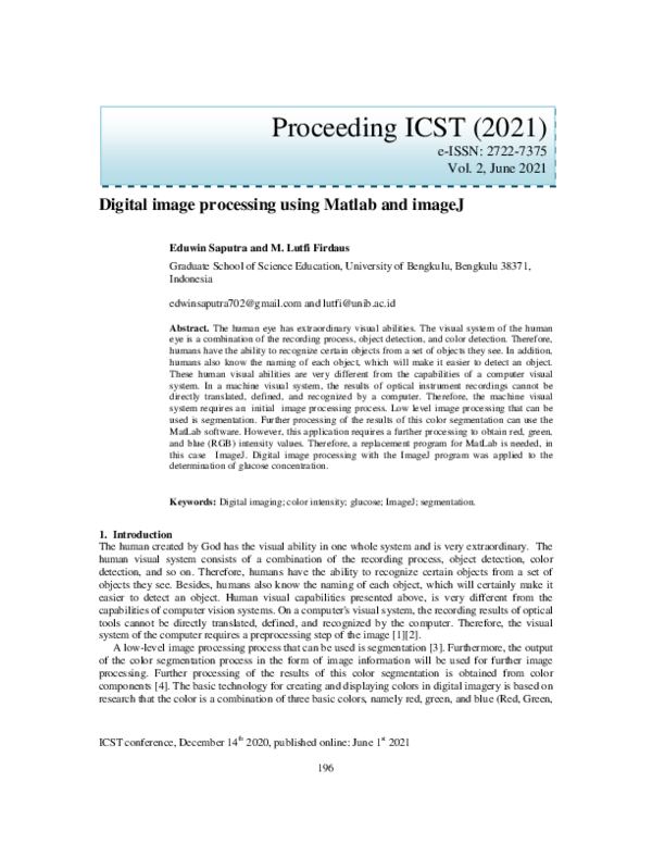 (PDF) Digital image processing using Matlab and imageJ