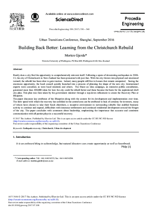 (PDF) Building Back Better: Learning from the Christchurch Rebuild