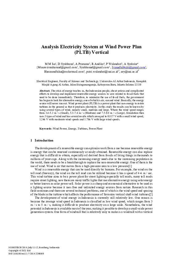 (PDF) Analysis Electricity System at Wind Power Plan (PLTB) Vertical