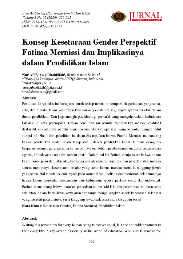 (PDF) Konsep Kesetaraan Gender Perspektif Fatima Mernissi dan Implikasinya dalam Pendidikan ...