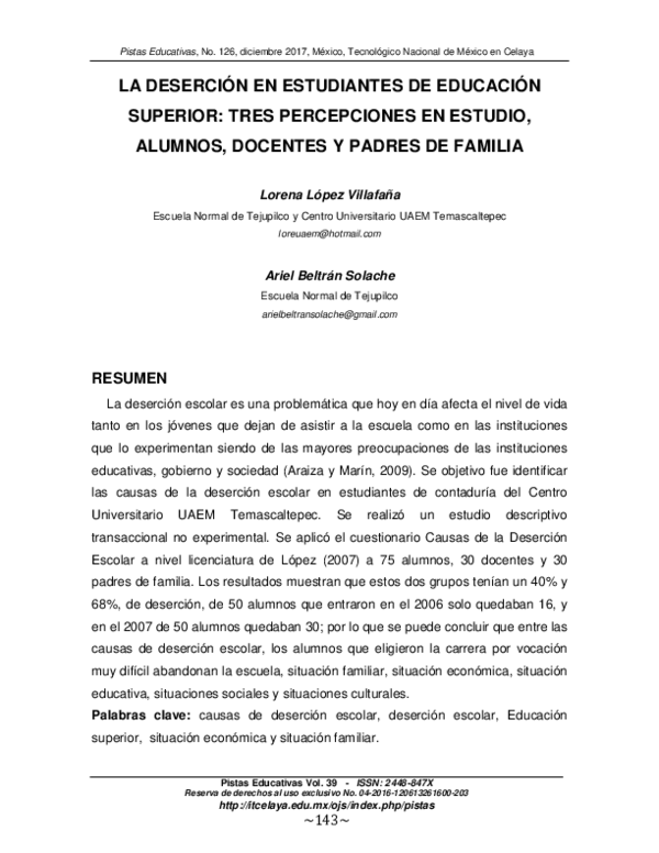 (PDF) La Deserción en Estudiantes De Educación Superior: Tres ...