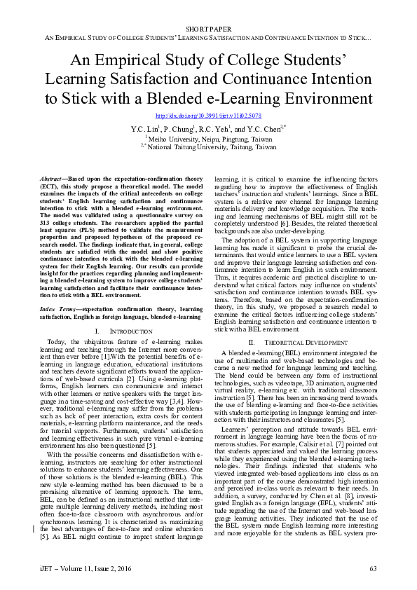 (PDF) An Empirical Study of College Students’ Learning Satisfaction and Continuance Intention to ...