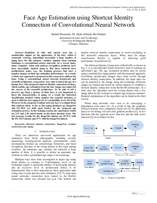 (PDF) Face Age Estimation using Shortcut Identity Connection of Convolutional Neural Network