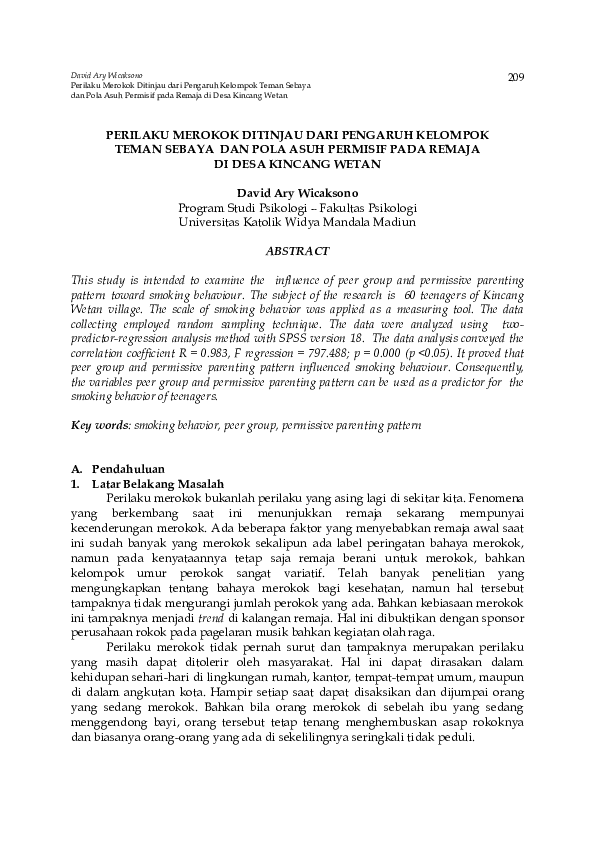 (PDF) Perilaku merokok ditinjau dari pengaruh kelompok teman sebaya dan pola asuh permisif pada ...