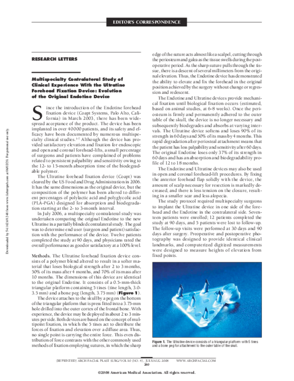 (PDF) Multispecialty Contralateral Study of Clinical Experience With the Ultratine Forehead ...