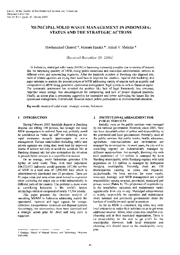 (PDF) Municipal Solid Waste Management in Indonesia: Status and the ...