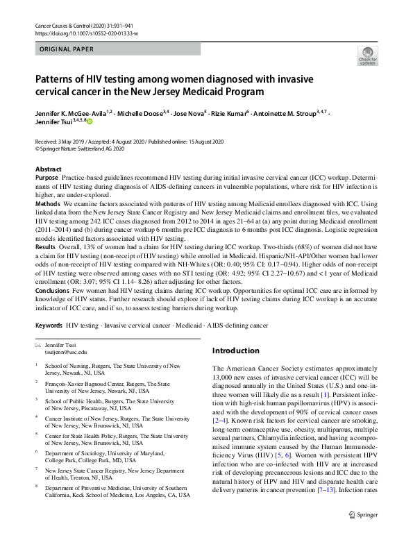 (PDF) Patterns of HIV testing among women diagnosed with invasive ...