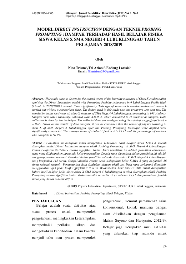 (PDF) Model Direct Instruction Dengan Teknik Probing Prompting : Dampak ...