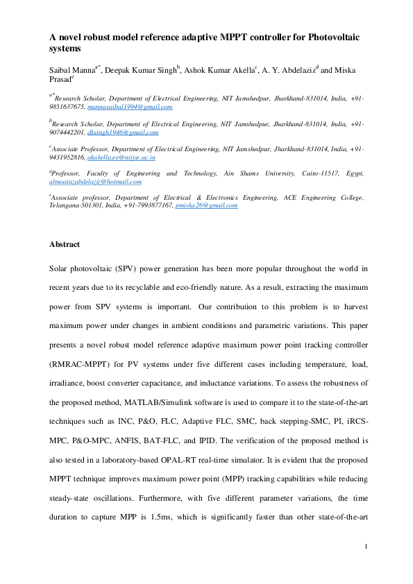 (PDF) A novel robust model reference adaptive MPPT controller for Photovoltaic systems