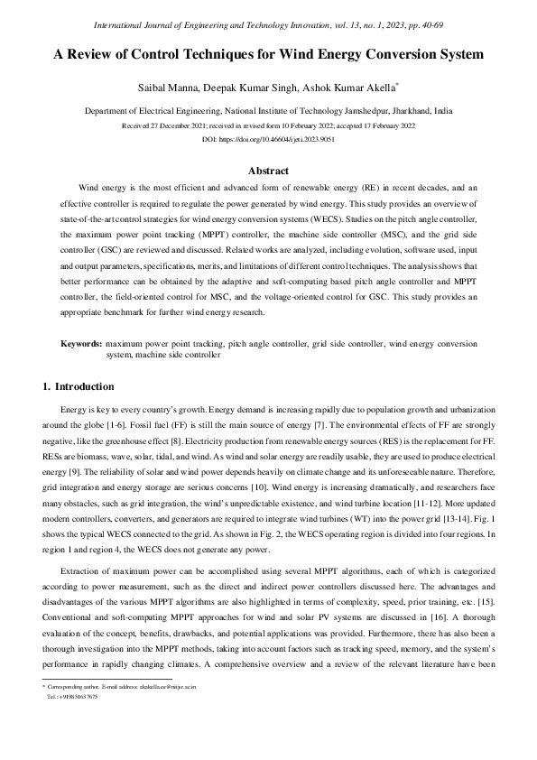 Pdf A Review Of Control Techniques For Wind Energy Conversion System