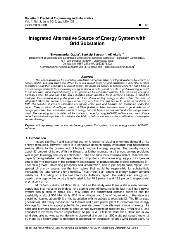 (PDF) Integrated Alternative Source of Energy System with Grid Substation