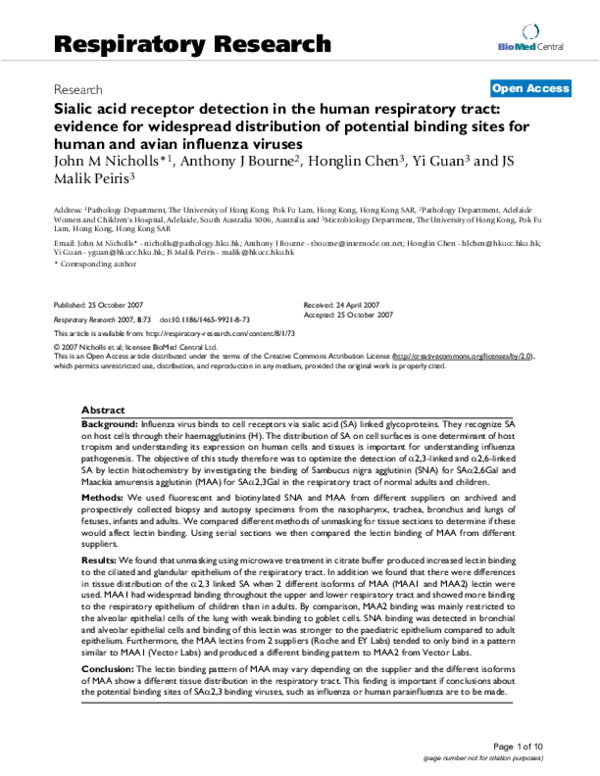 Pdf Sialic Acid Receptor Detection In The Human Respiratory Tract Evidence For Widespread