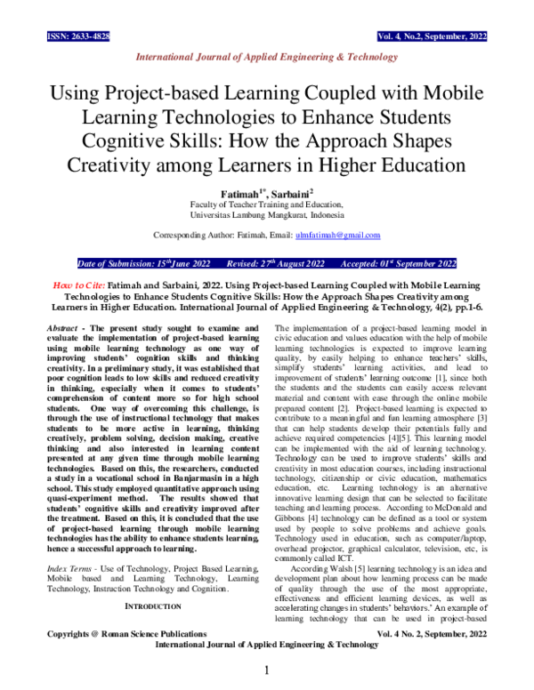 (PDF) Using Project-based Learning Coupled with Mobile Learning Technologies to Enhance Students ...