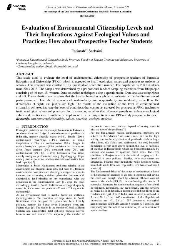 (PDF) Evaluation of Environmental Citizenship Levels and Their Implications Against Ecological ...