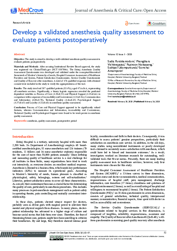 (PDF) Develop a validated anesthesia quality assessment to evaluate ...
