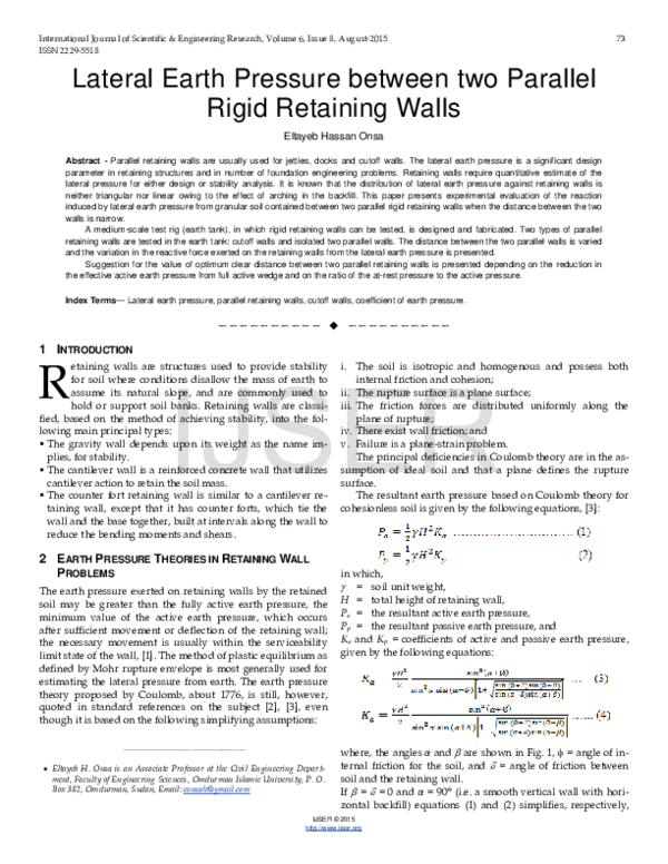 (PDF) Lateral Earth Pressure between two Parallel Rigid Retaining Walls