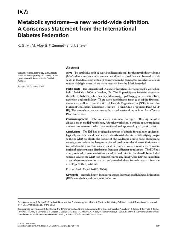 (PDF) Metabolic syndrome—a new world‐wide definition. A Consensus ...