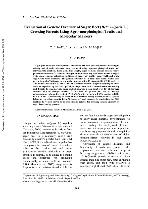 (PDF) Evaluation of genetic diversity of sugar beet (Beta vulgaris L.) crossing parents using ...
