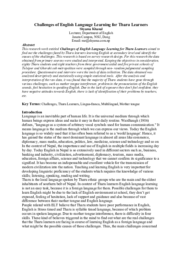(DOC) Challenges of English Language Learning for Tharu Learners
