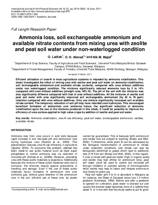 (PDF) Ammonia loss, soil exchangeable ammonium and available nitrate contents from mixing urea ...