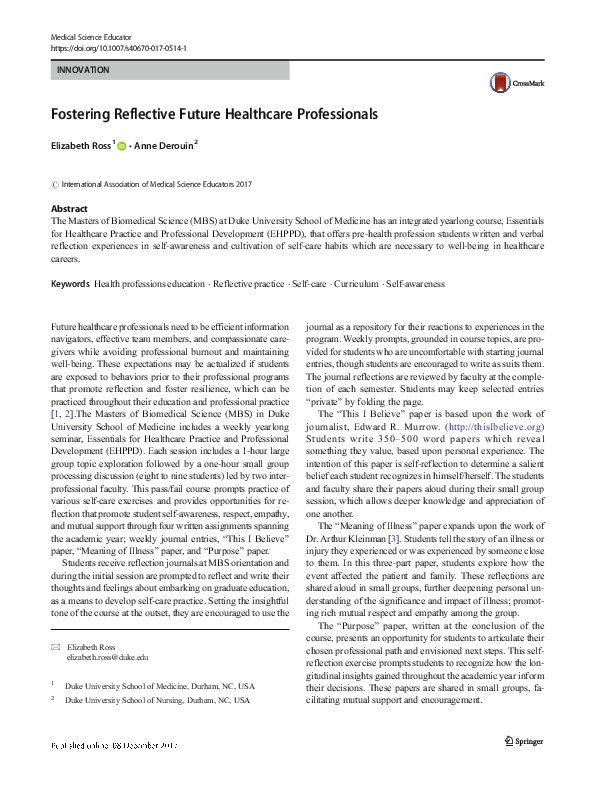 (PDF) Fostering Reflective Future Healthcare Professionals