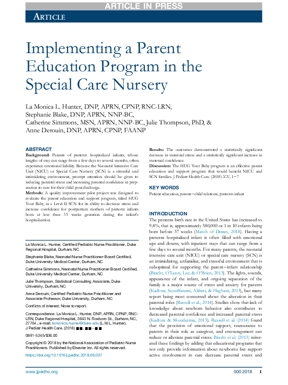 (PDF) Implementing a Parent Education Program in the Special Care Nursery