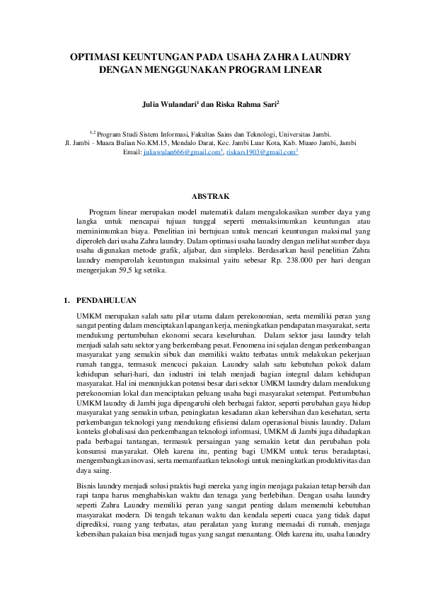 (PDF) OPTIMASI KEUNTUNGAN PADA USAHA ZAHRA LAUNDRY DENGAN MENGGUNAKAN PROGRAM LINEAR