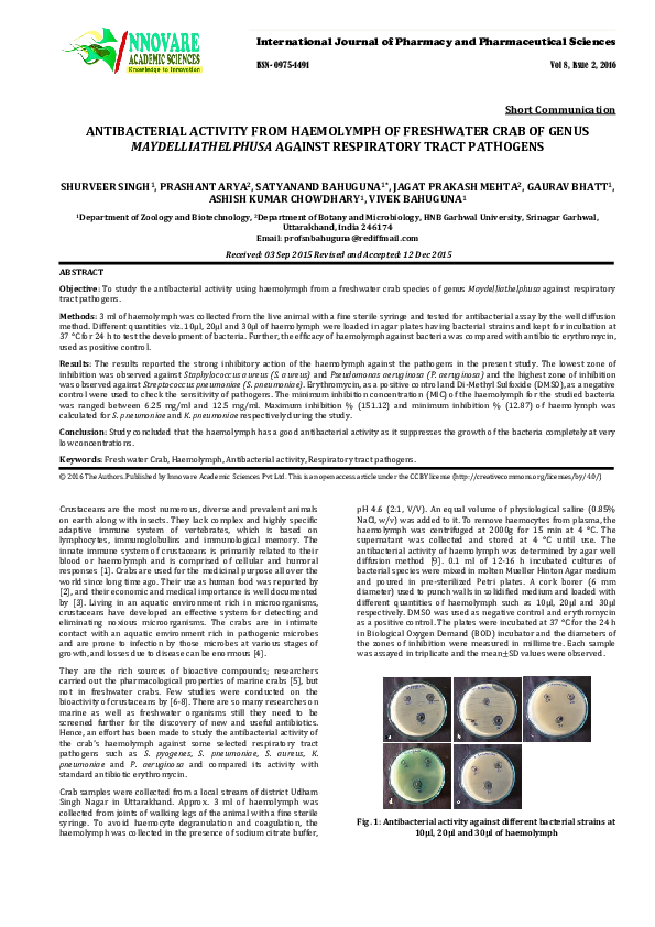 (PDF) ANTIBACTERIAL ACTIVITY FROM HAEMOLYMPH OF FRESHWATER CRAB OF ...