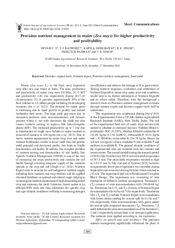 (PDF) Precision nutrient management in maize (Zea mays) for higher ...