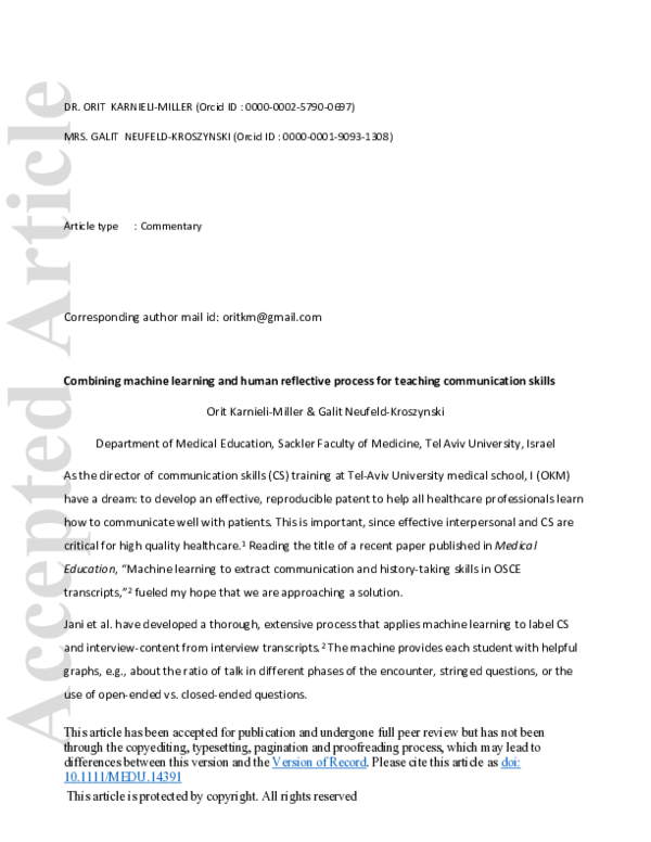 (PDF) Combining machine learning and human reflective process for teaching communication skills