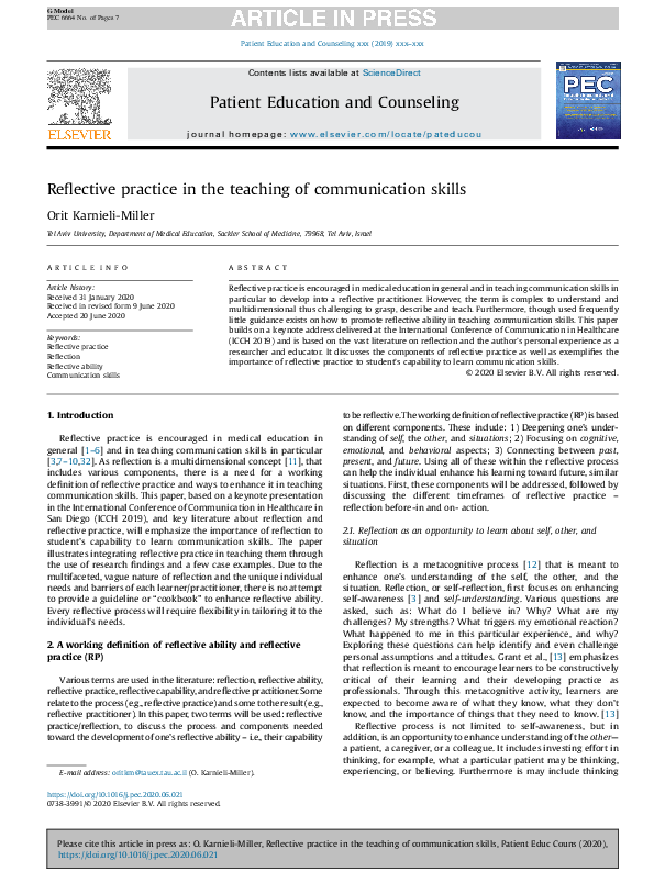(PDF) Reflective practice in the teaching of communication skills