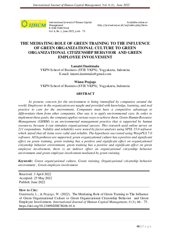 (PDF) The Mediating Role of Green Training to the Influence of Green Organizational Culture to ...