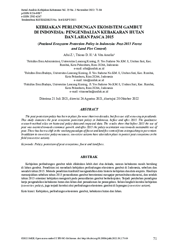 (PDF) Kebijakan Perlindungan Ekosistem Gambut Di Indonesia: Pengendalian Kebakaran Hutan Dan ...