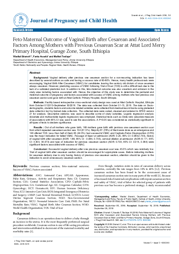 (PDF) Feto-Maternal Outcome of Vaginal Birth after Cesarean and Associated Factors Among Mothers ...