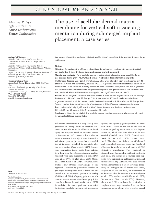 Pdf The Use Of Acellular Dermal Matrix Membrane For Vertical Soft