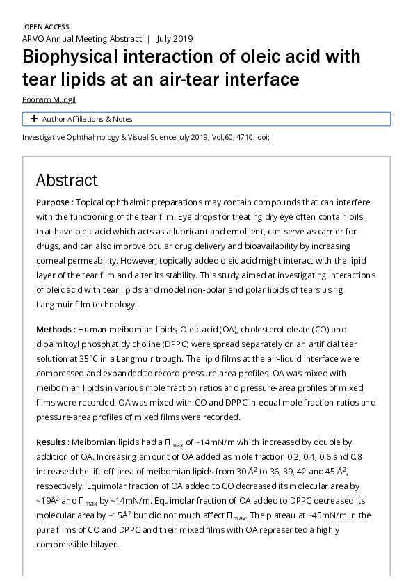 (PDF) Biophysical interaction of oleic acid with tear lipids at an air ...
