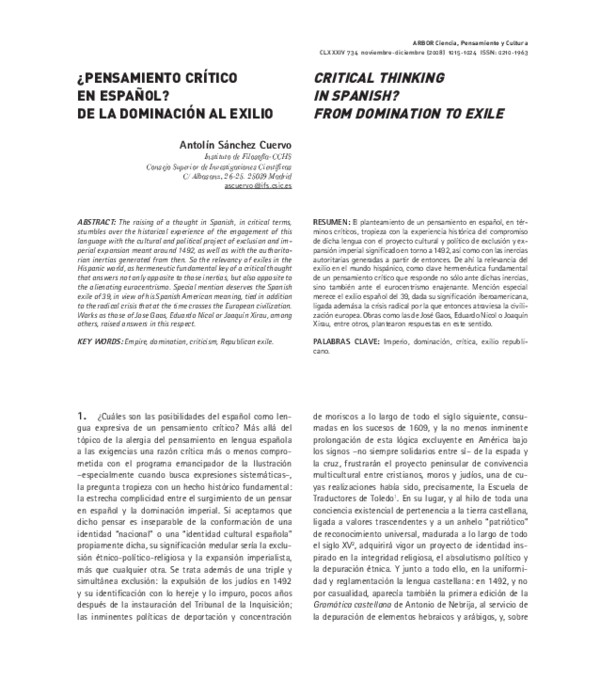 (PDF) Critical Thinking in Spanish? From Domination to Exile