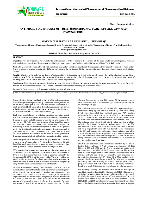 (PDF) ANTIMICROBIAL EFFICACY OF THE ETHNOMEDICINAL PLANT SPECIES, CANARIUM STRICTUM ROXB Short ...