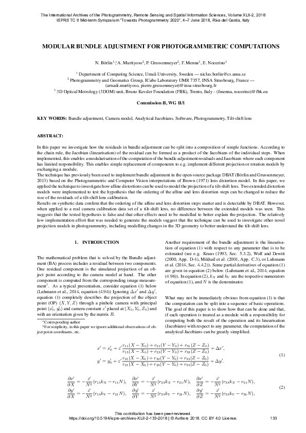 (PDF) Modular Bundle Adjustment for Photogrammetric Computations