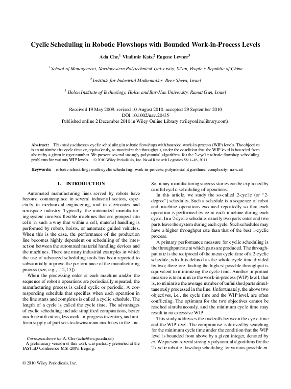 Pdf Cyclic Scheduling In Robotic Flowshops With Bounded Work In Process Levels Vladimir Kats