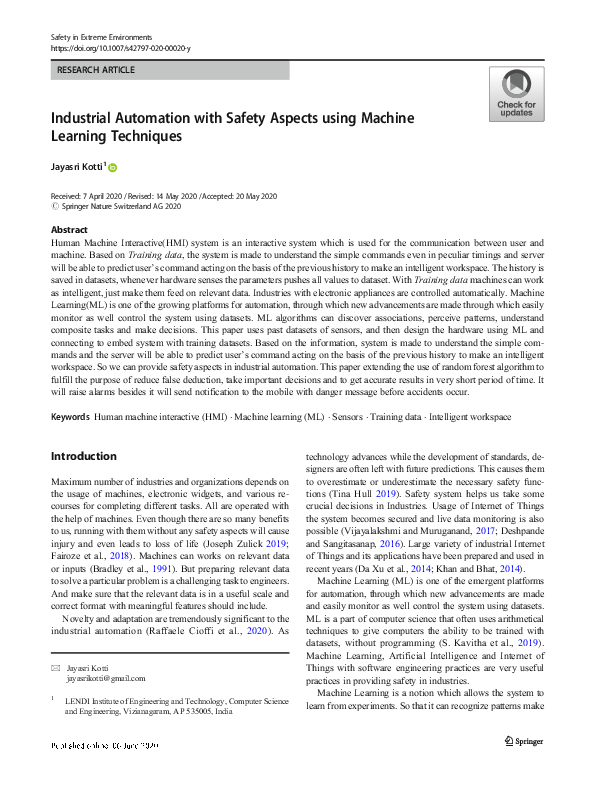 (PDF) Industrial Automation with Safety Aspects using Machine Learning Techniques